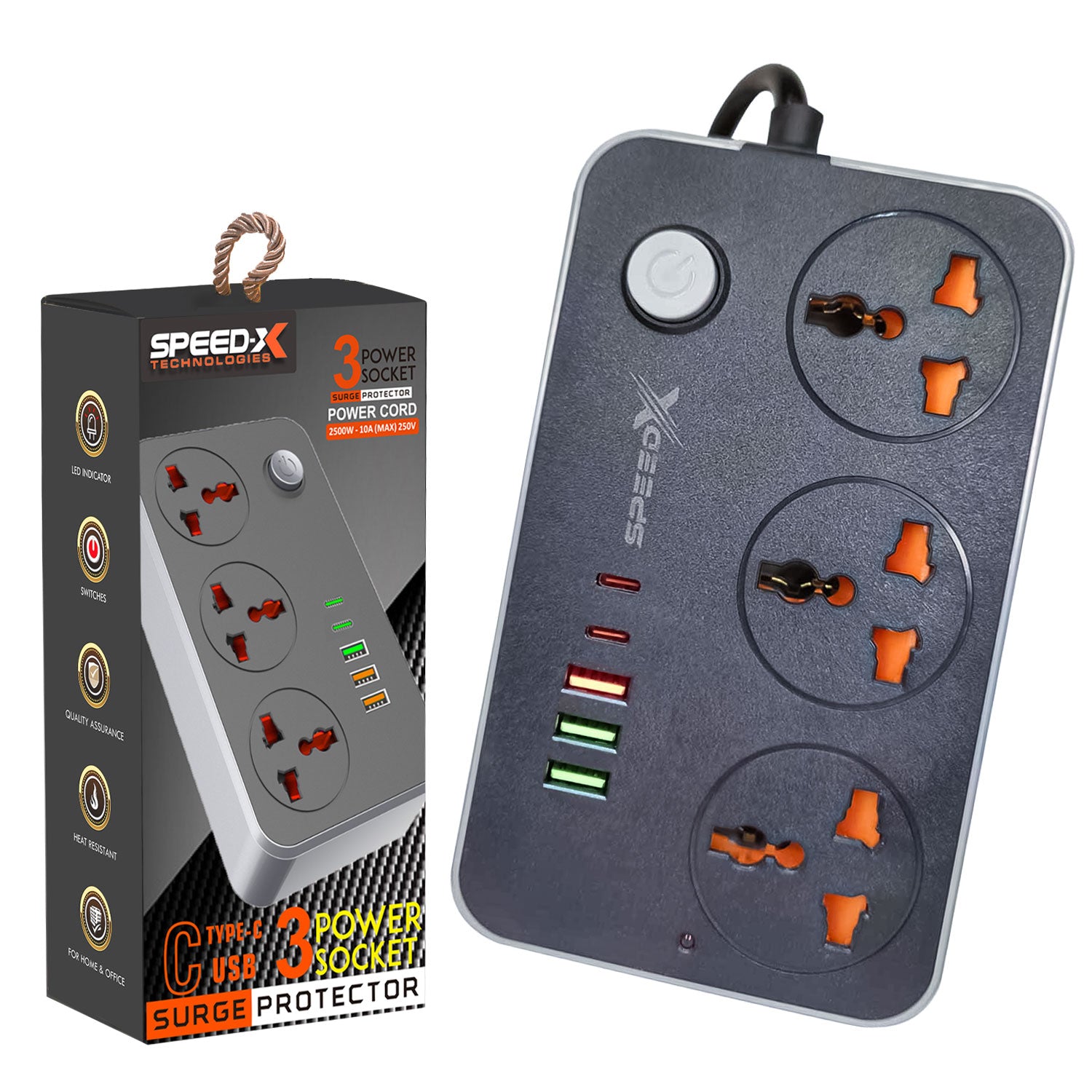 Speed-X 603PU | Universal Travel Power Socket | 3 Sockets + 3 USB + 2 ...
