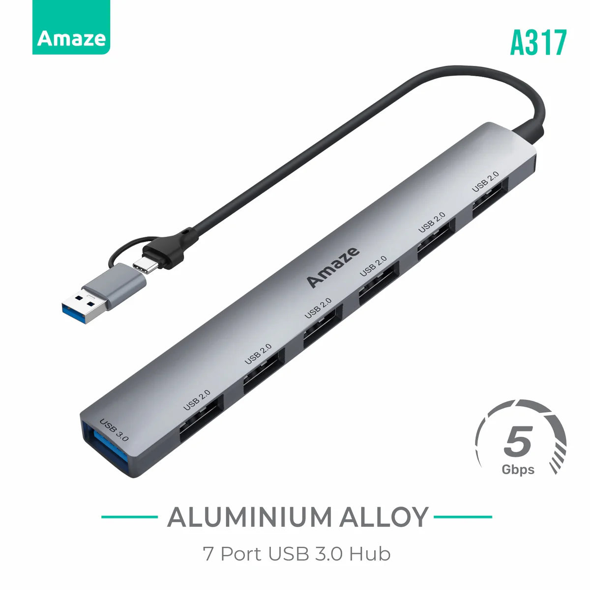 Amaze A317 | USB + Type-C to 7-Port USB 3.0 Hub | 5Gbps Speed, Aluminu ...