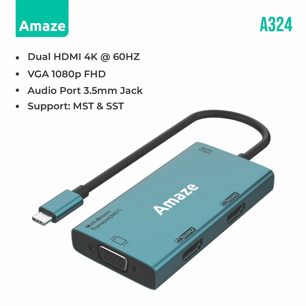 Amaze A324 | Type-C to Dual HDMI + VGA + Audio Hub | 4K@60Hz MST & SST ...