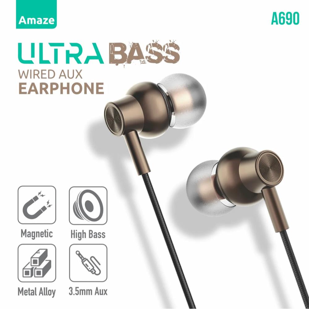 Amaze A690 | Ultra Bass Wired Aux Handsfree with Mic, 3.5mm Jack | Tan ...