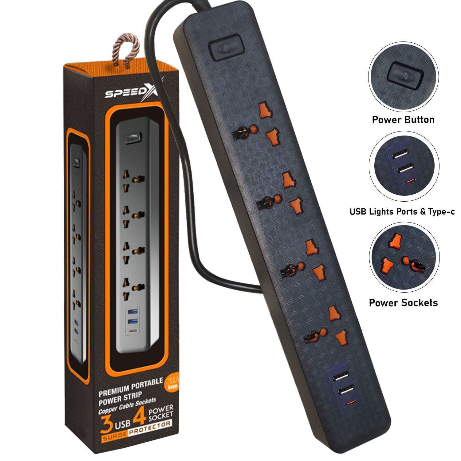 Speed-X 403PUC | Premium Portable Power Strip | 4 Sockets + 2 USB Port ...